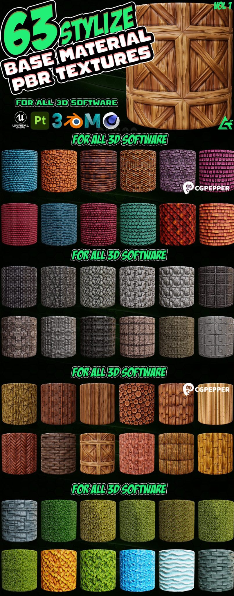 墙面金属地面木头冰块风格化贴图材质预设 ArtStation – 63 Stylized Base Material +PBR Texture ...