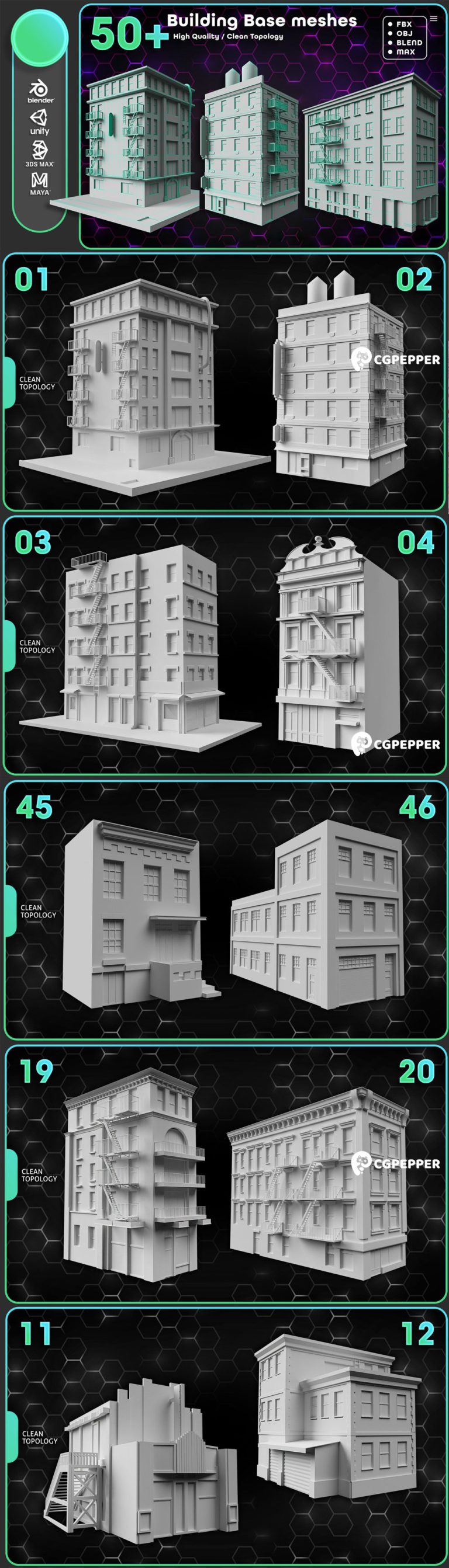 50个楼房建筑3D模型 ArtStation – 50 Building Base Mesh (Blender/MAX/FBX格式) – ...