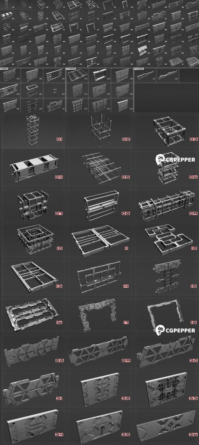 科幻墙壁3D模型 ArtStation – Sci-Fi walls Kitbash Pack 92+ Vol.7 (MAX/FBX格式) – CGPepper-专注优质三维资源