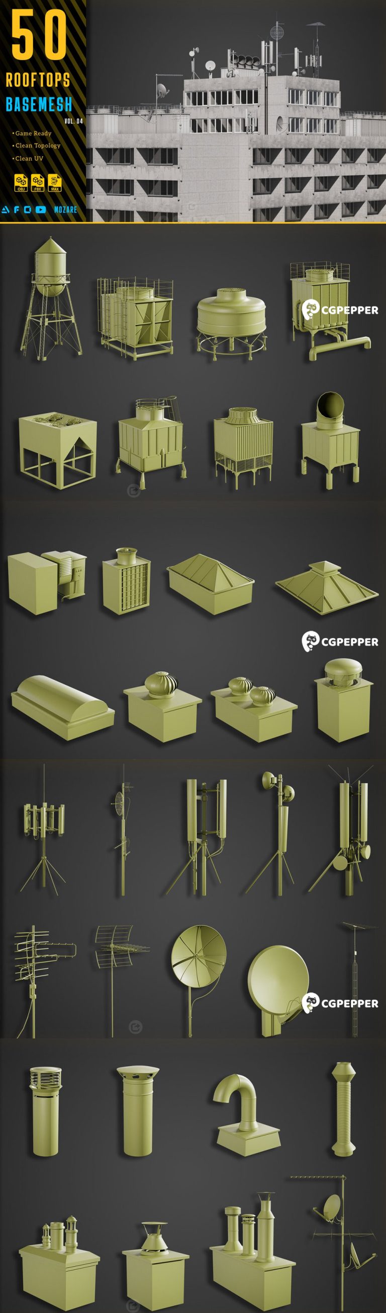 楼顶设施3D模型 ArtStation – 100 Roof Top and Exterior Modular Kitbash (MAX/OBJ/FBX格式) – CGPepper-专注优质三维资源