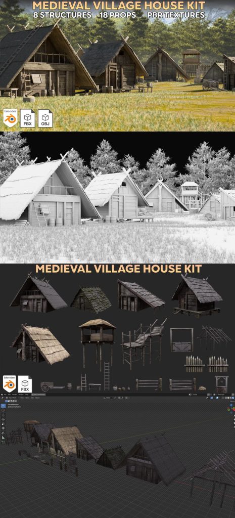 中世纪木屋村庄3D模型 ArtStation – Village House Kit (Blender/FBX/OBJ格式) – CGPepper-专注优质三维资源