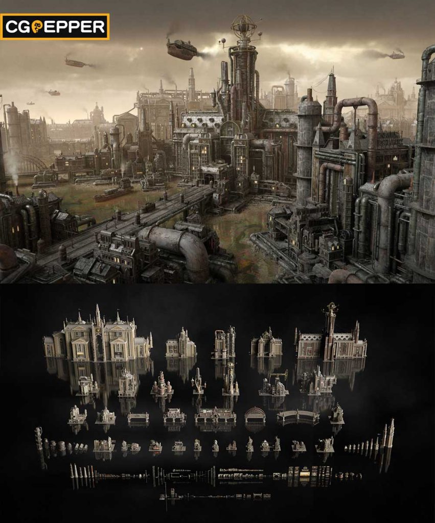 Kitbash3d 复古反乌托邦柴油机械朋克建筑3D模型 – Dieselpunk – CGPepper-专注优质三维资源