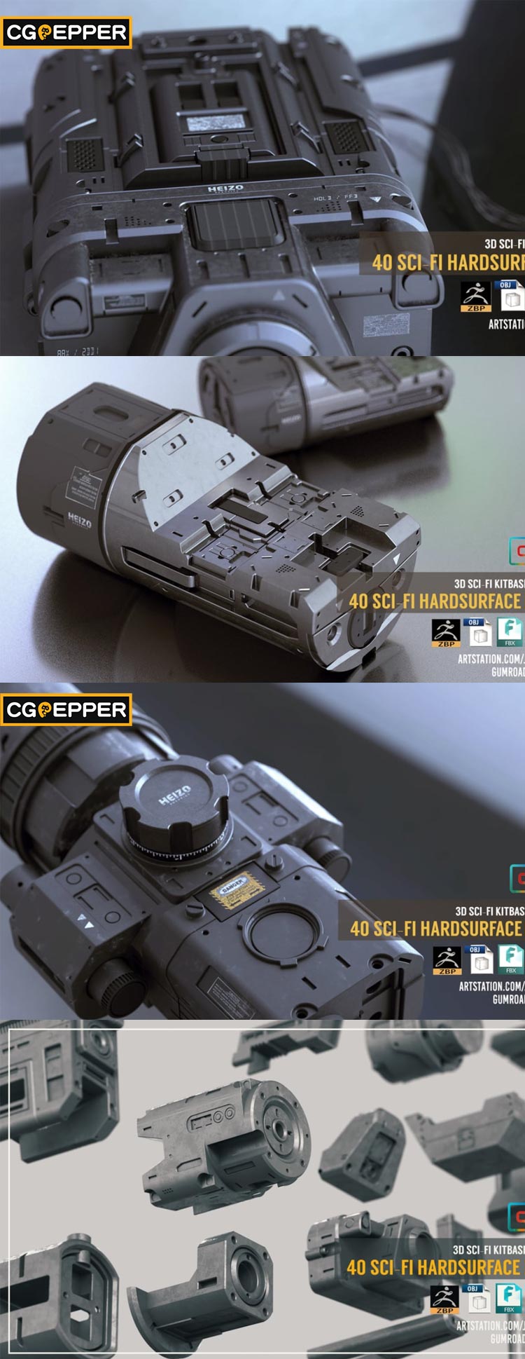 40个科幻机械零件硬表面3D模型 3D Kitbash Set Vol.2 – 40 Sci-Fi Assets (ZBP/FBX/OBJ格式 ...