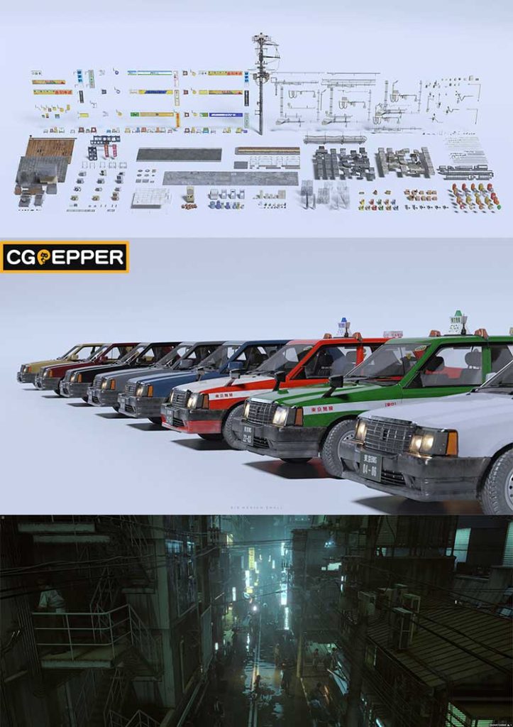 Tokyo日本东京街道楼房商业建筑公共设施人物角色3D模型 BMS Tokyo Back Alleys/ Blender/Unreal/FBX ...